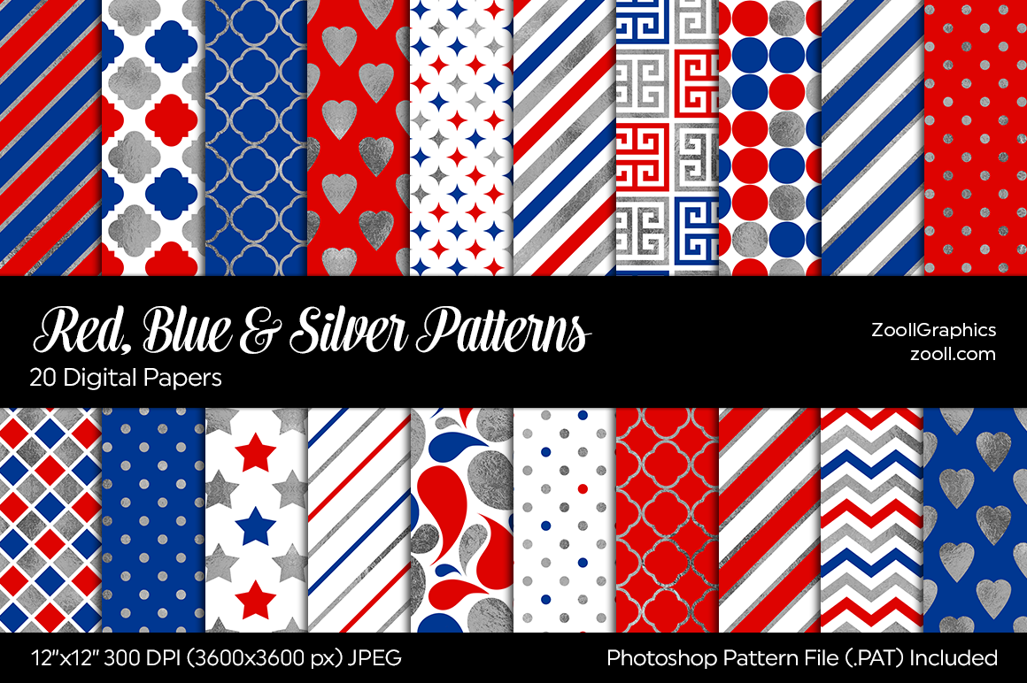 Red, Blue & Silver Digital Papers, a Pattern Graphic by ZoollGraphics