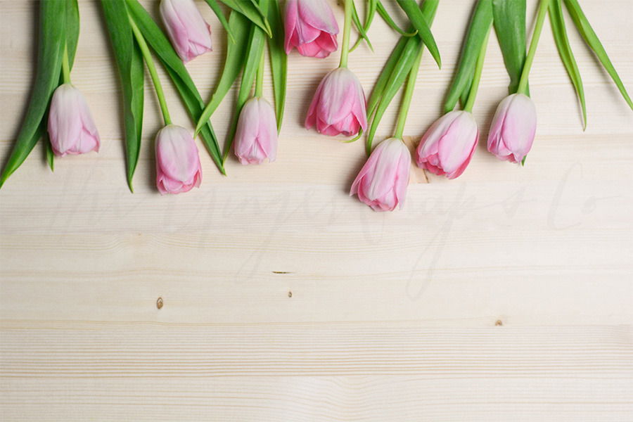 Tulips on Light Wood Styled Desktop, a Mockup by The Ginger Snaps Co