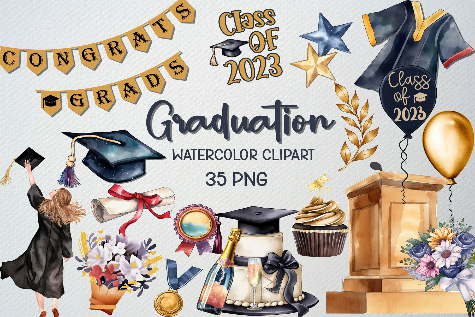 Watercolor Graduation Clipart Set, 35 PNG | Creative Market
