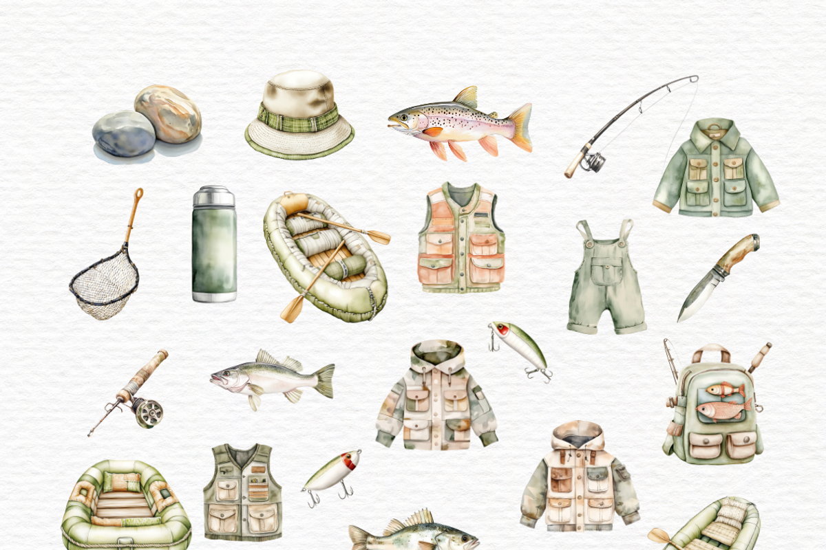Fishing tackle watercolor clipart, a Decorative Illustration by Invite ...