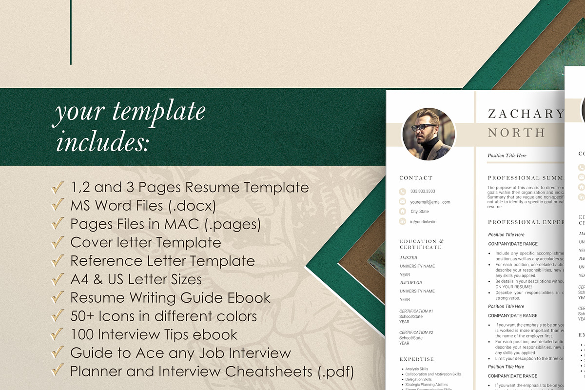 Zachary- Modern Resume / CV Template, a Resume Template by Hired Guardian