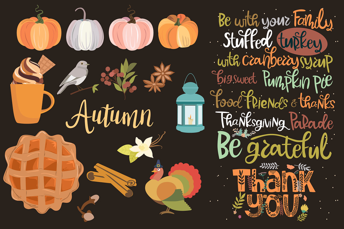 Thanksgiving Day Lettering & Clipart, a Decorative Illustration by Mio ...
