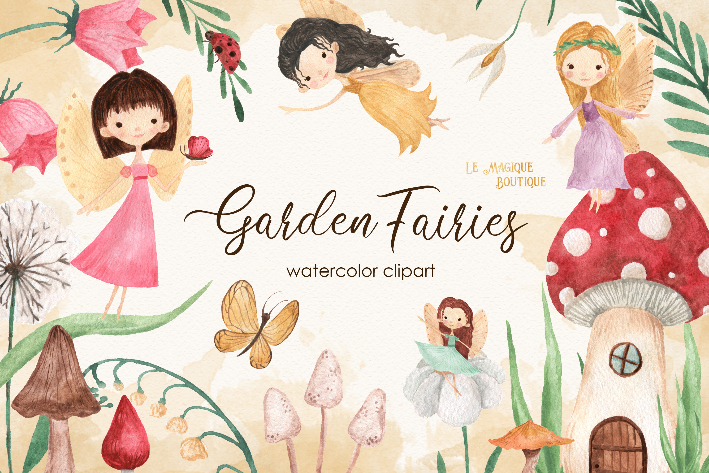 Garden Fairies Watercolor Clipart, an Illustration by LeMagiqueBoutique