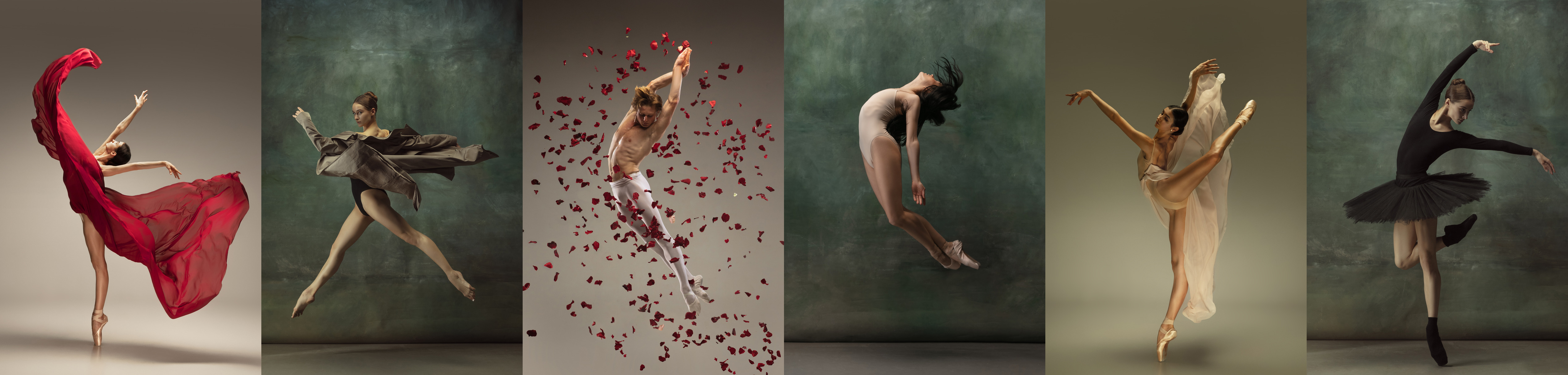 Collage of portraits of male and female ballet dancers dancing isolated ...