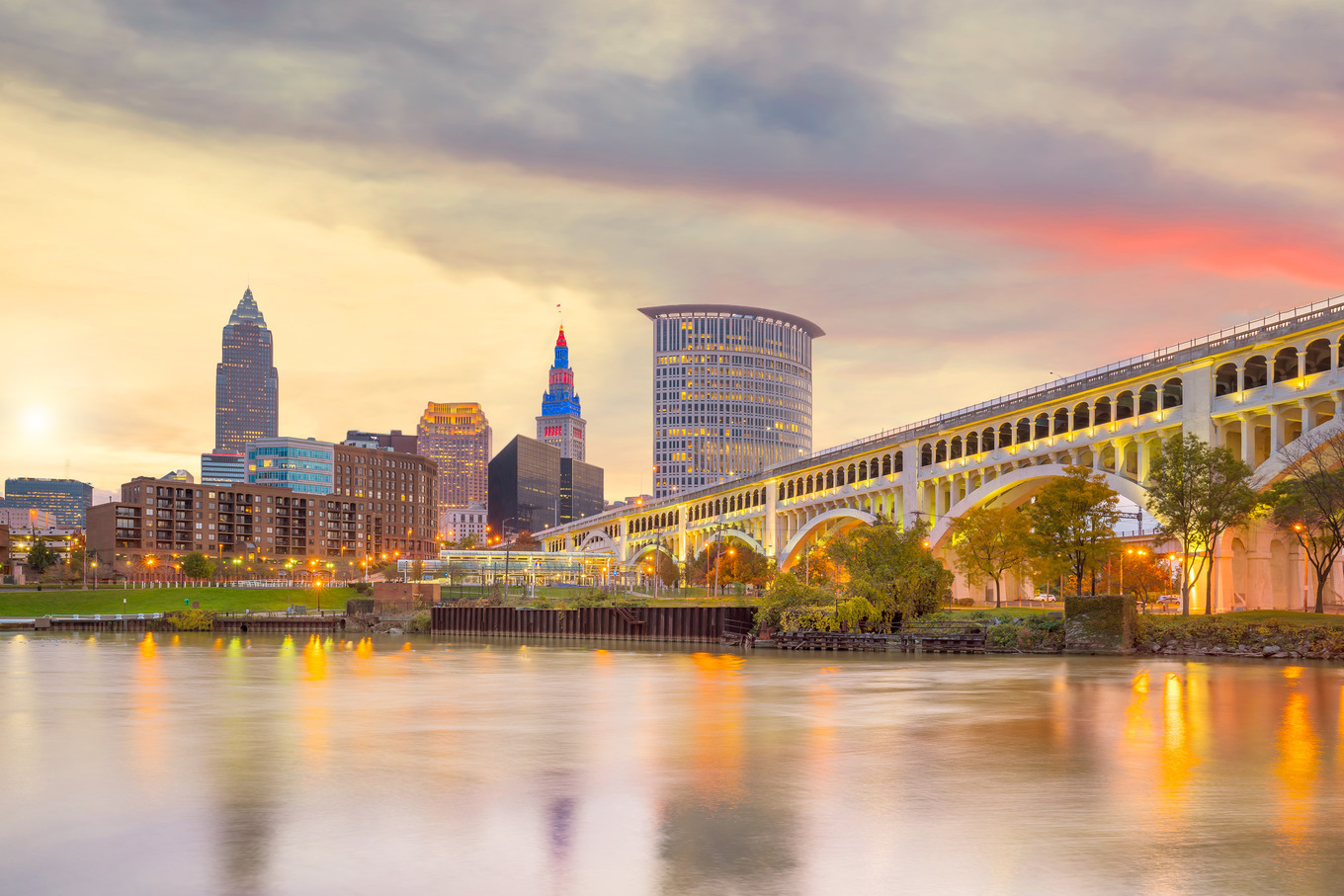View of downtown cleveland skyline featuring architecture, blue, and ...