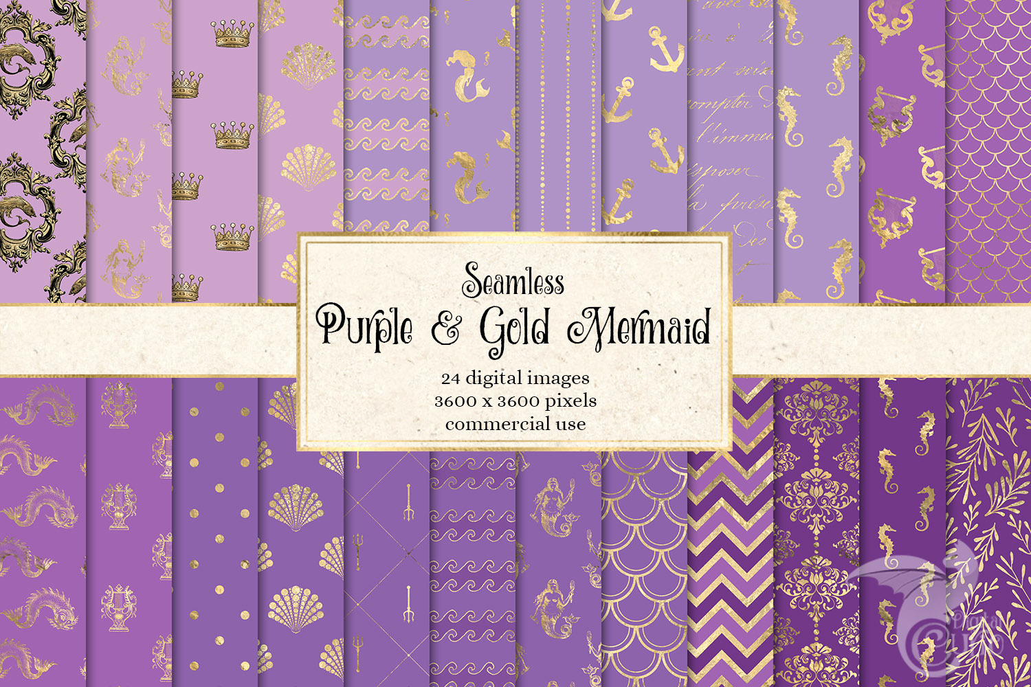 Purple & Gold Mermaid Digital Paper, a Pattern Graphic by Digital Curio