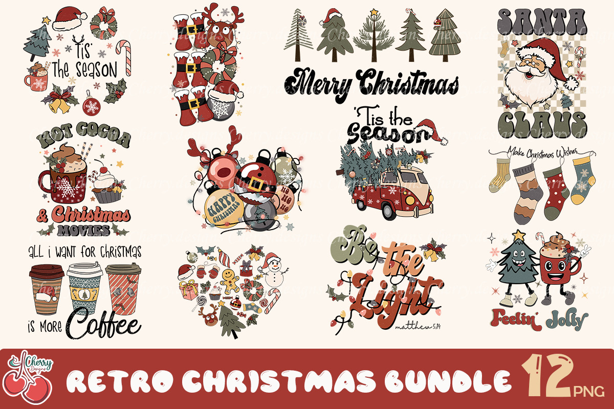 Retro Christmas Bundle 12 PNG Files