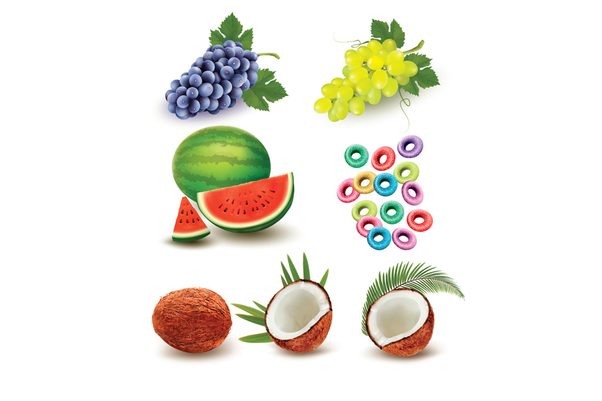 Grapes, coconut, froot loops, a Food Illustration by ecco