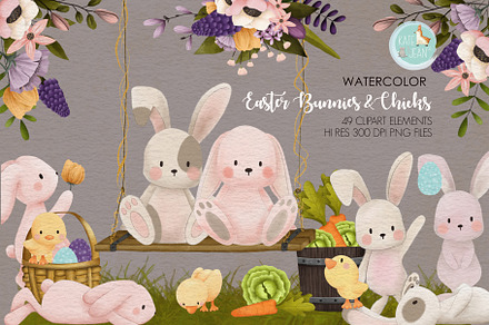 Easter Bunnies watercolor clipart | Creative Market