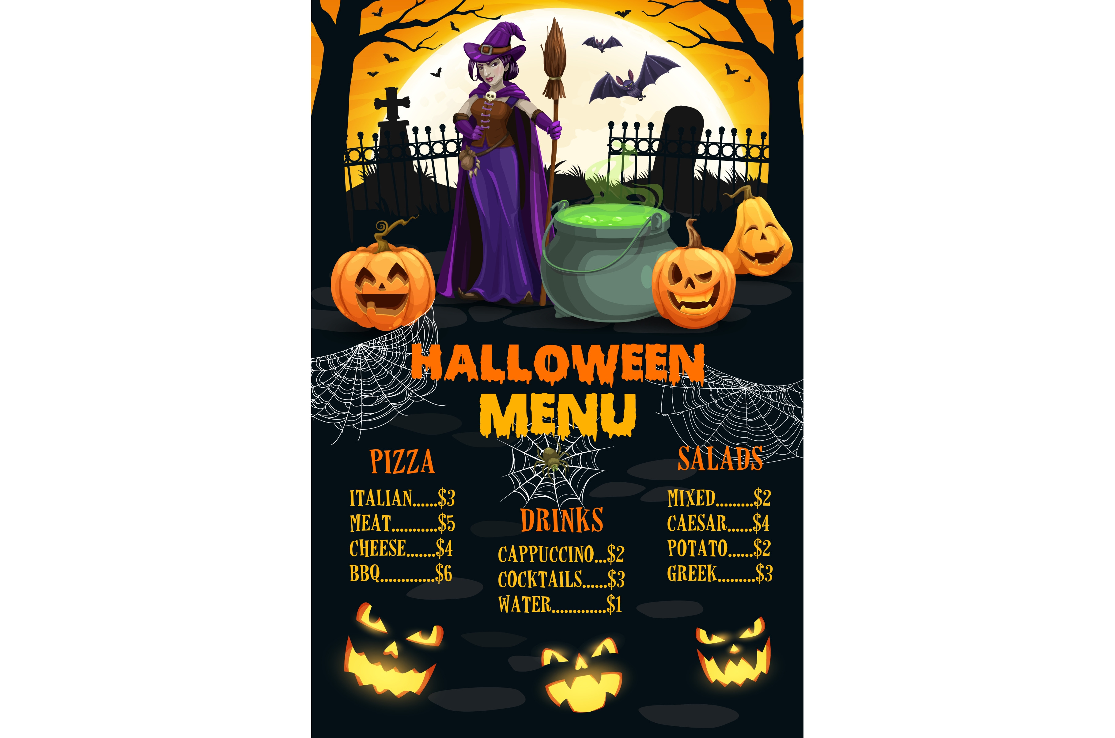 Halloween menu page with witch, a Seasonal Illustration by Vector Tradition