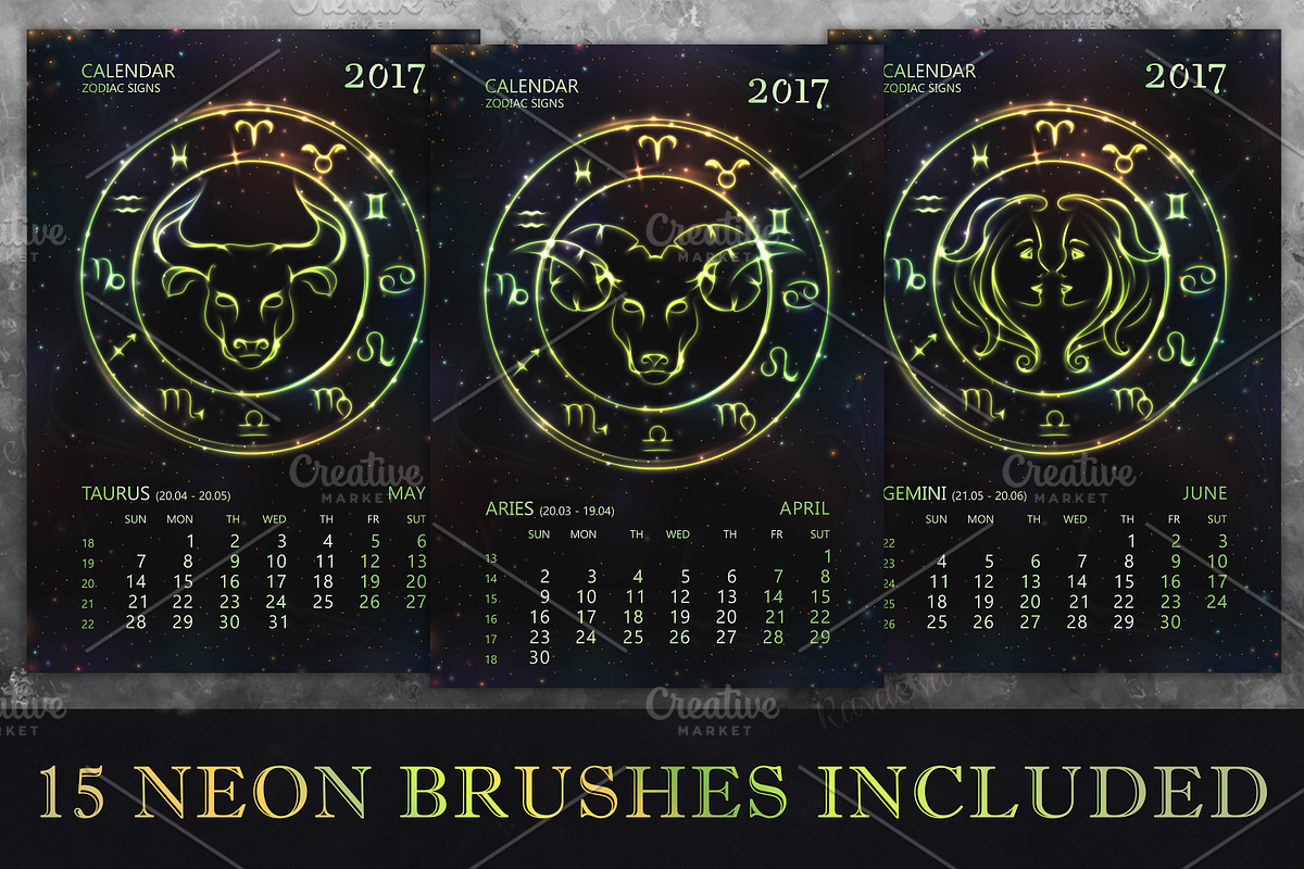 ZODIAC CALENDAR 2017 - green vector, a Texture Illustration by Nadin ...