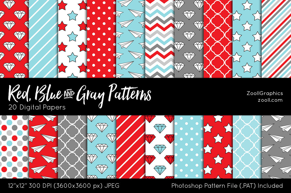 Red, Blue And Gray Digital Papers, a Pattern Graphic by ZoollGraphics