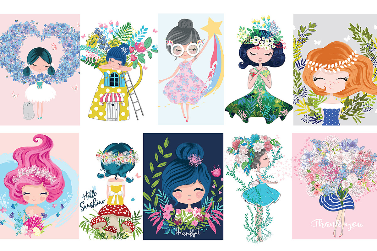 Set with cartoon girls - Cute girls, a Decorative Illustration by ...