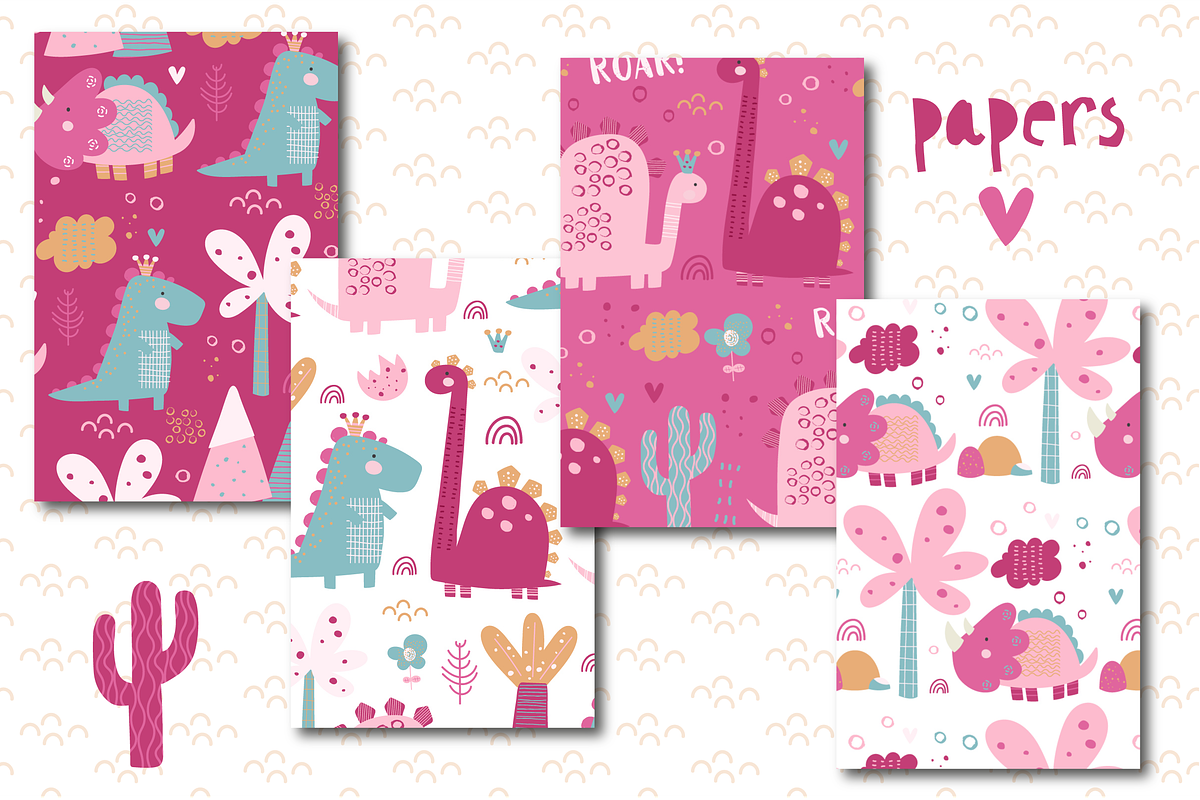 Girls Dino fun paper, a Pattern Graphic by Poppymoondesign