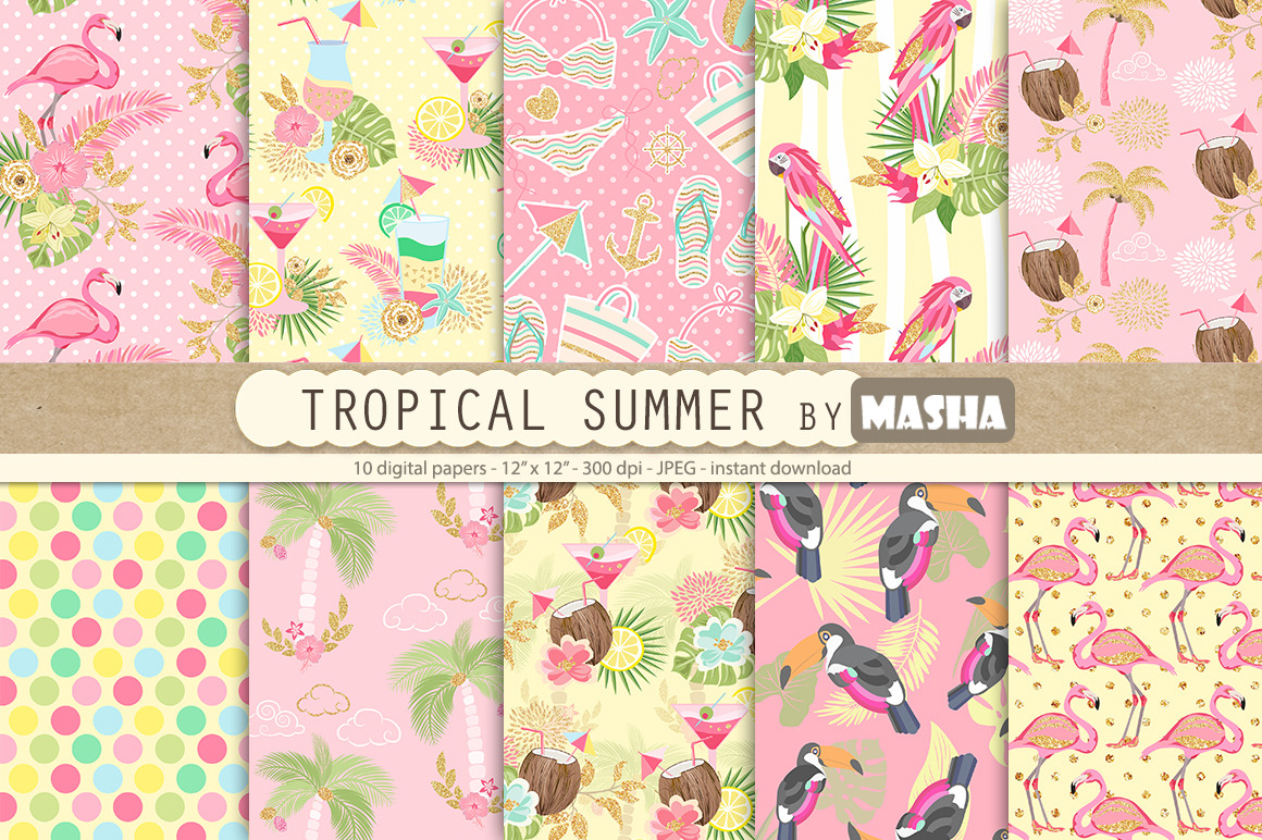 TROPICAL SUMMER digital papers, a Pattern Graphic by Masha Studio