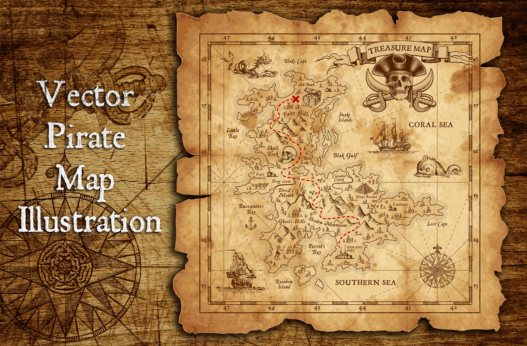 Vector Pirate Treasure Map, an Illustration by Pingebat