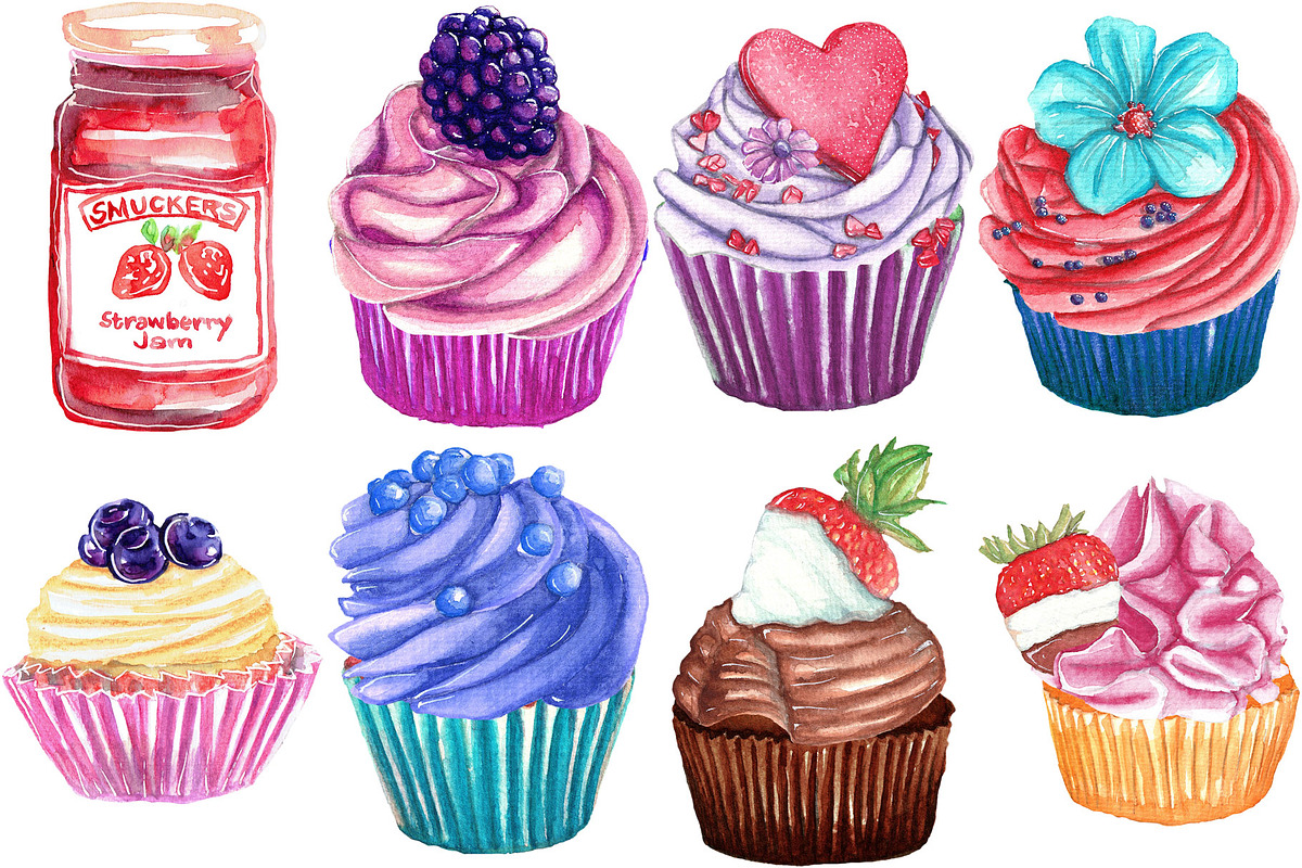 Cupcakes: 106 Watercolor Clipart, a Food Illustration by LilyBoo Clipart