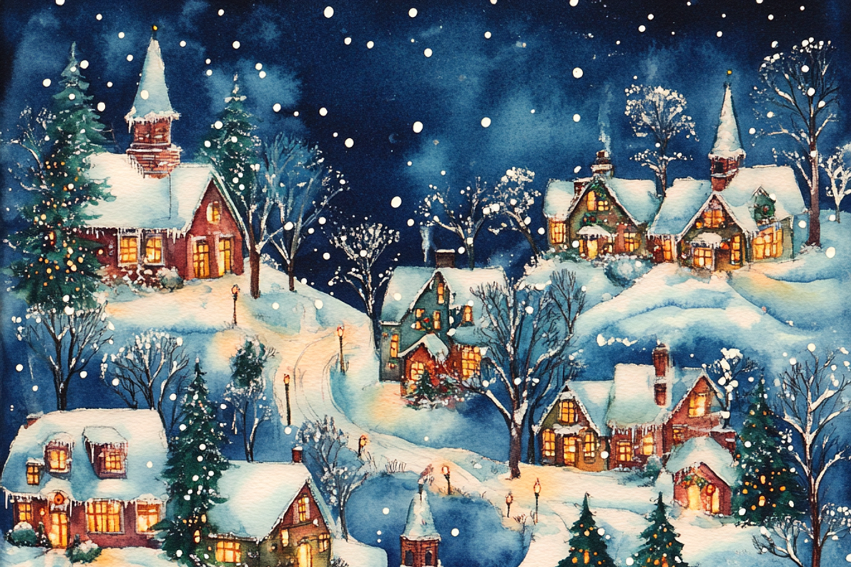 Watercolor Snowy Christmas Village