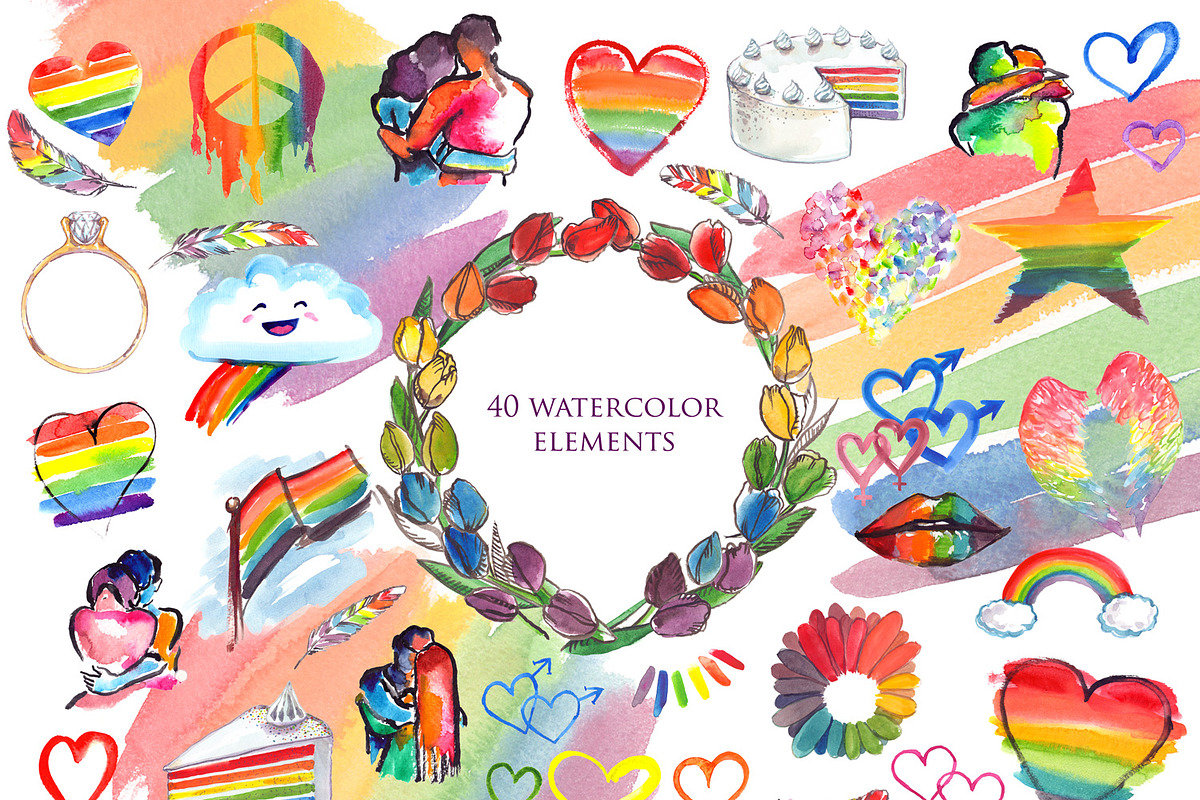 LGBT Pride rainbow watercolor set, an Illustration by tinabits pics