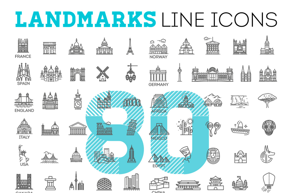 80 landmarks line icons, an Outline Icon by Tettygreen