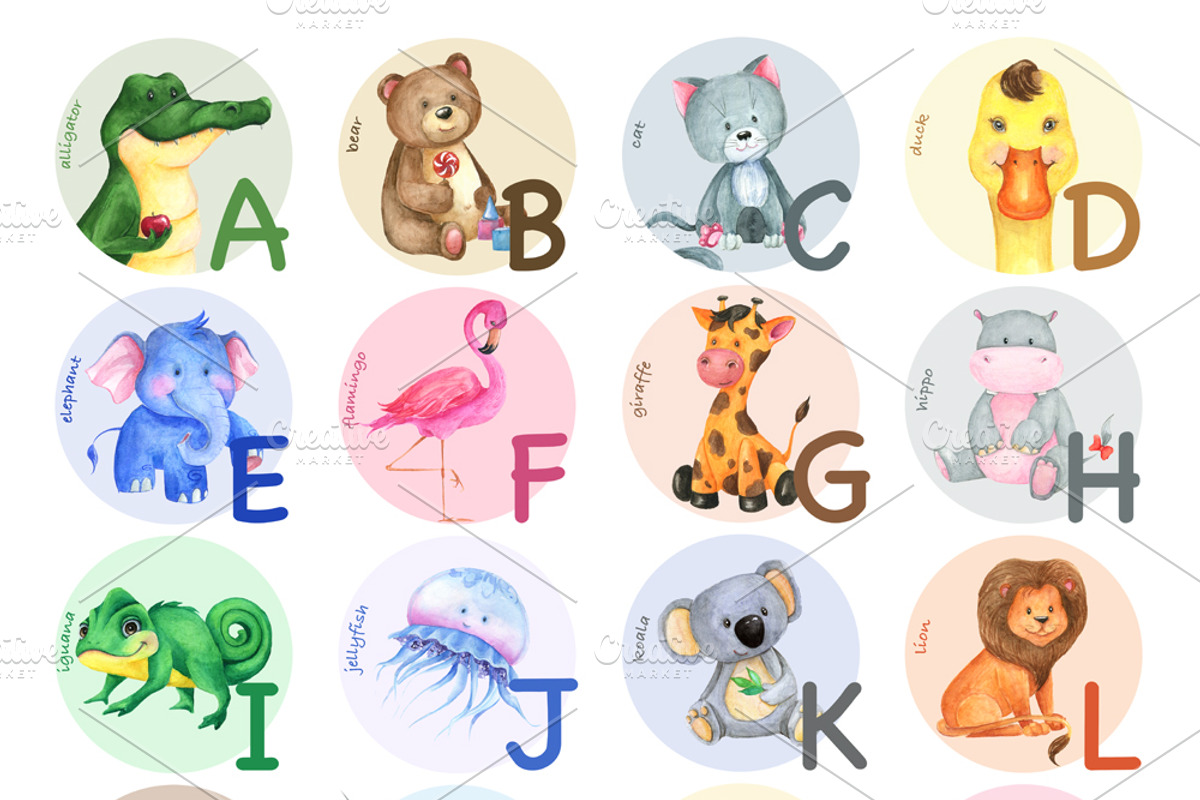 Cute watercolor animal alphabet, an Animal Illustration by KiraArtShop