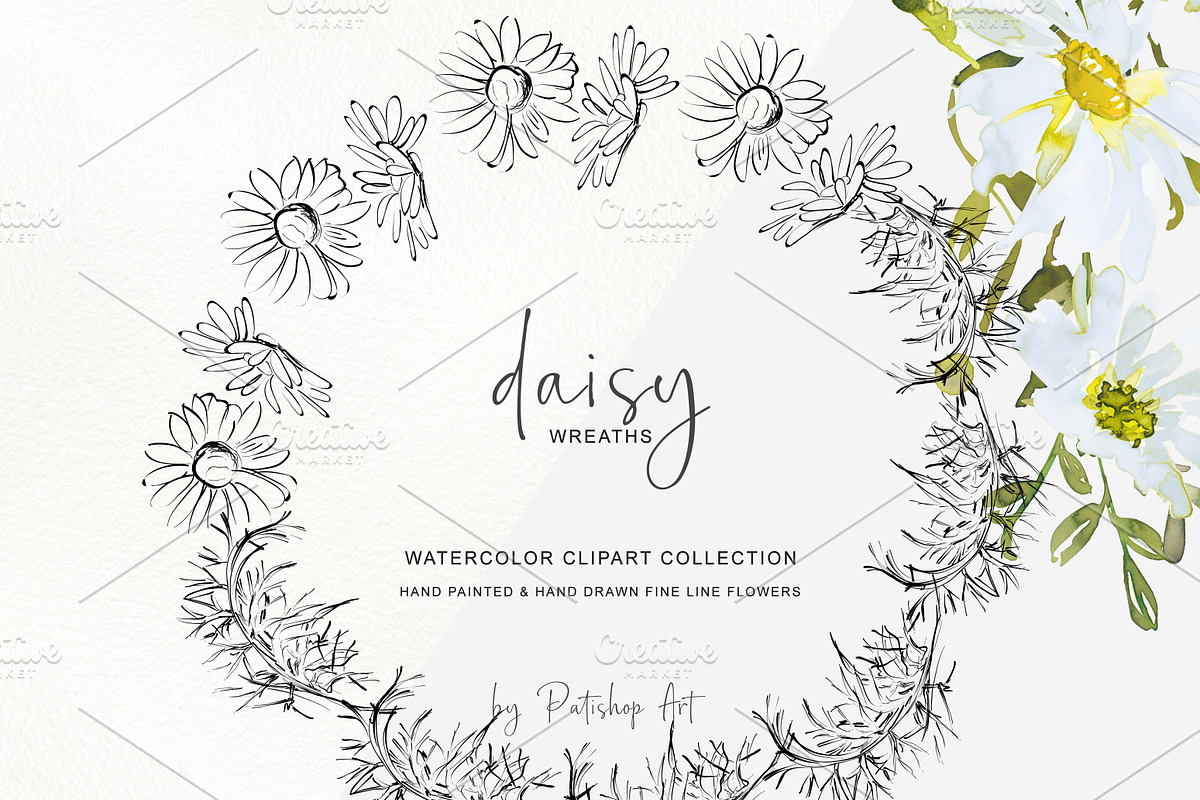 Watercolor Daisy Wreath Clip Art, a Decorative Illustration by Patishop Art