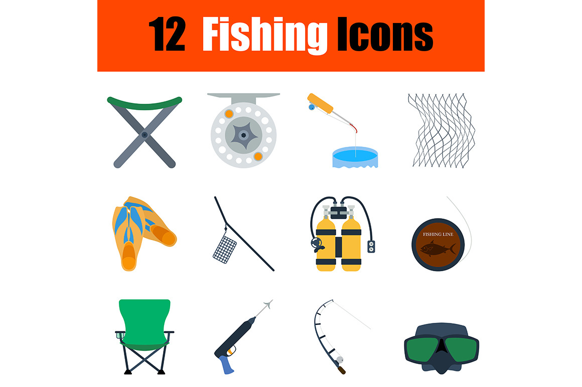 12 fishing flat design icons, an Outline Icon by Pavel Vectors