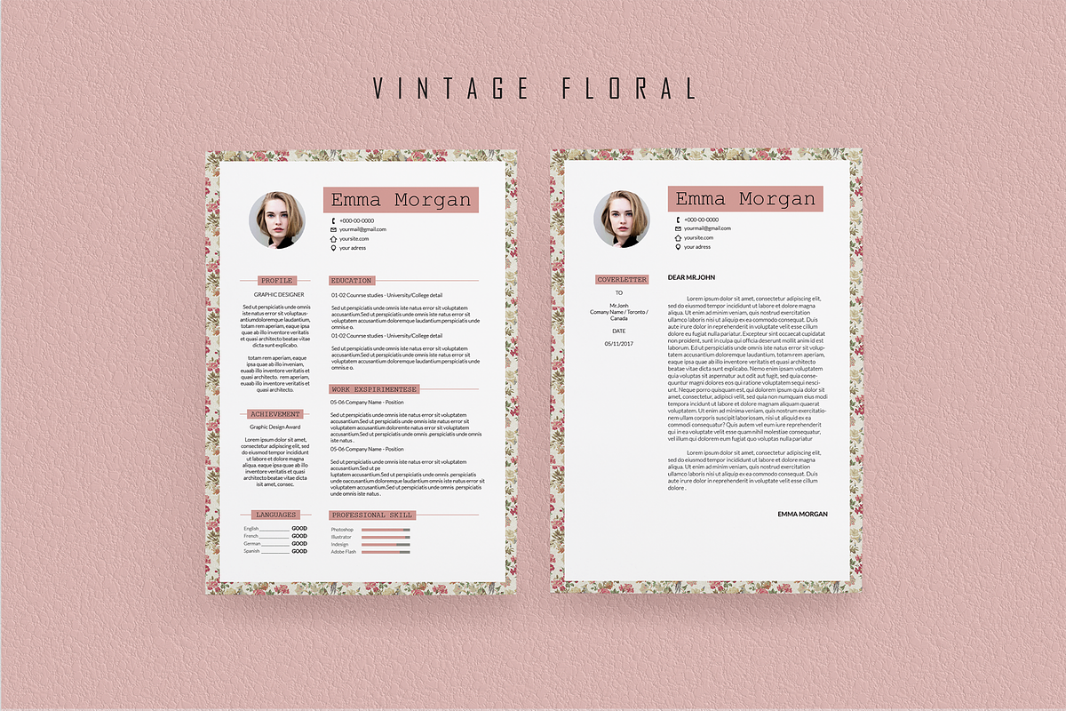 Pink Floral Resume BUNDLE Template M, a Resume Template by Showy68 Template