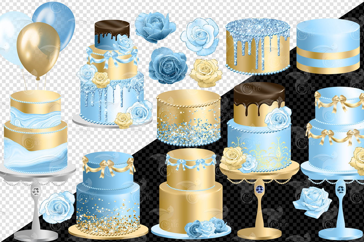 Blue and Gold Cakes Clip Art, an Illustration by Digital Curio