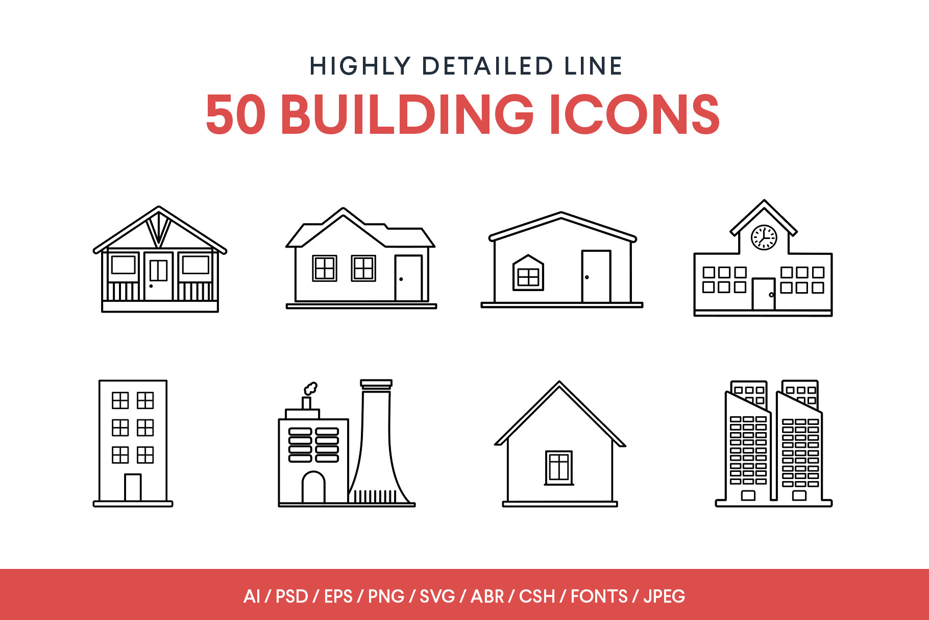 Line Icons Buildings Set, an Outline Icon by Jumbo Icons