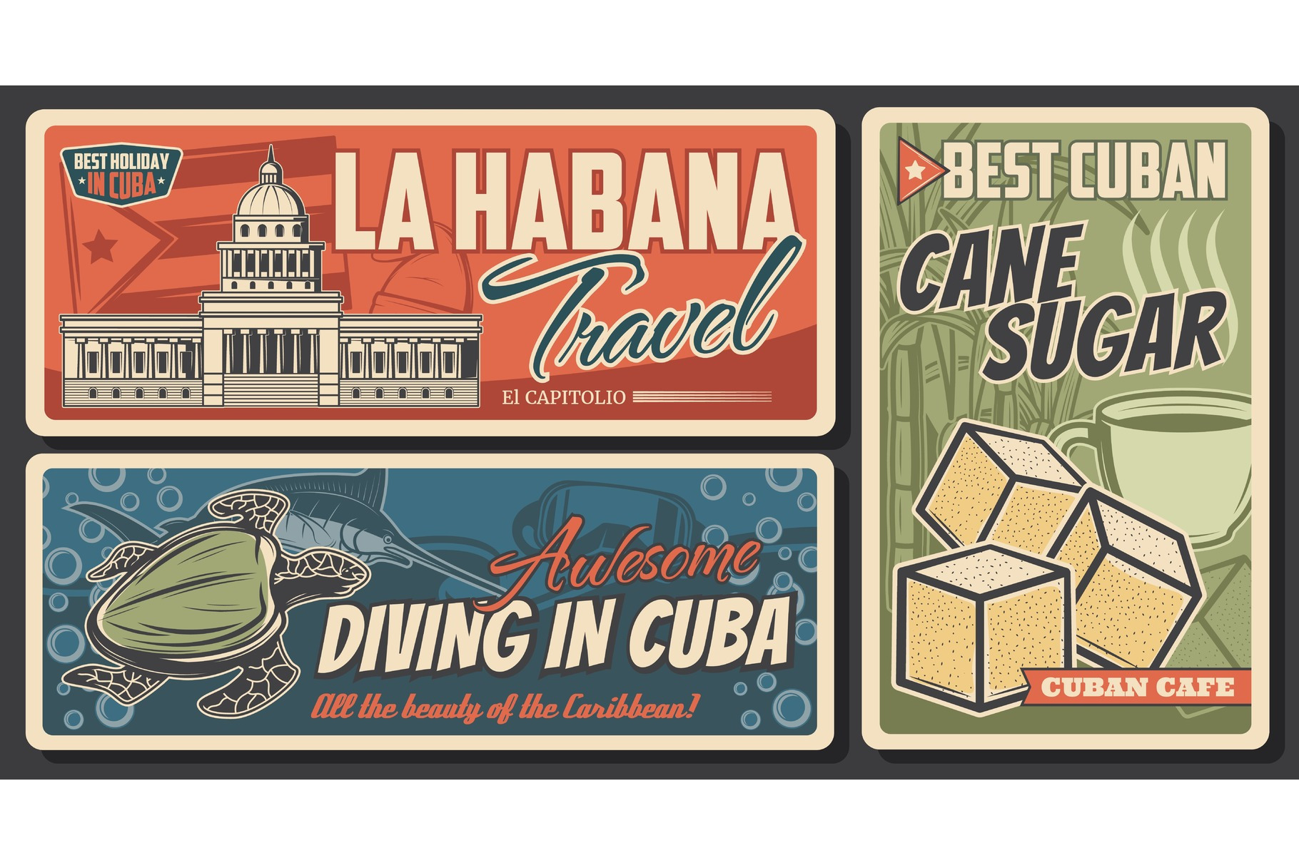 Cuban flag, Havana landmarks, an Illustration by Vector Tradition