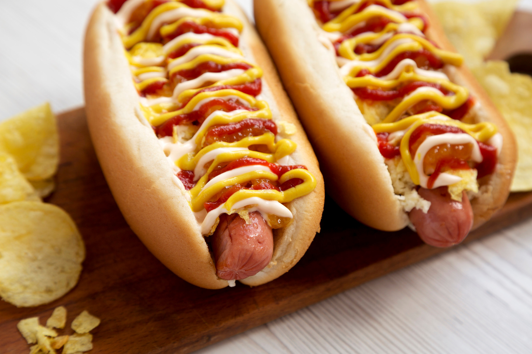 Homemade colombian hot dogs with pineapple sauce, chips, yellow, a Food ...