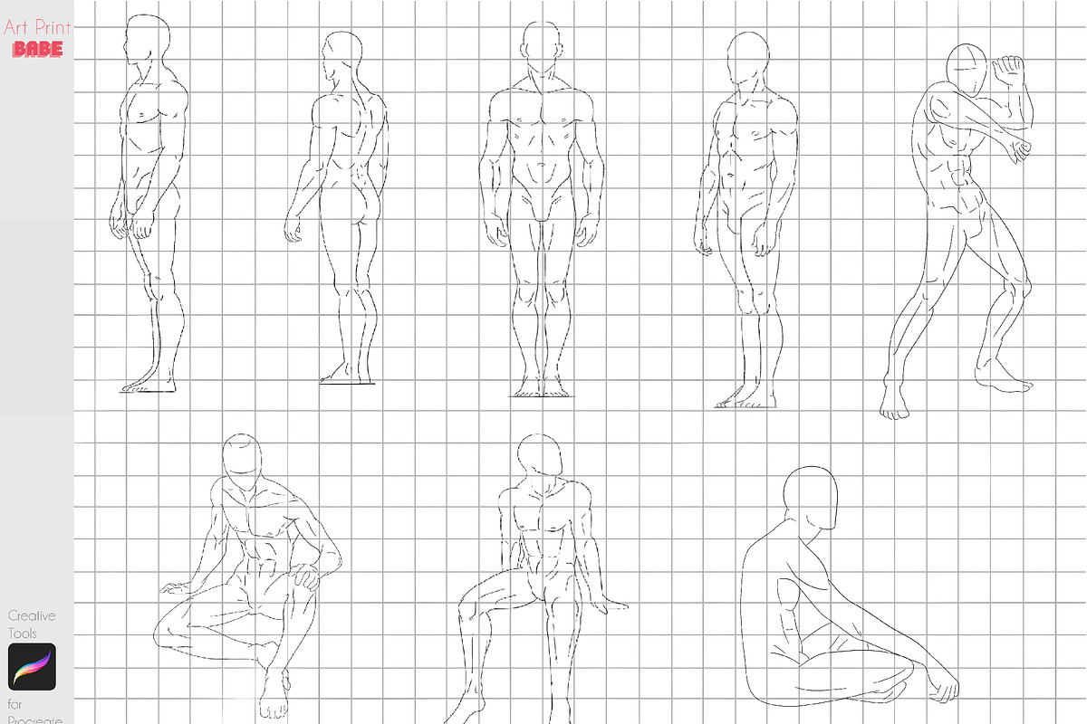 Procreate Man Poses Male Body Guides, a Brush Add-On by ArtPrintBabe
