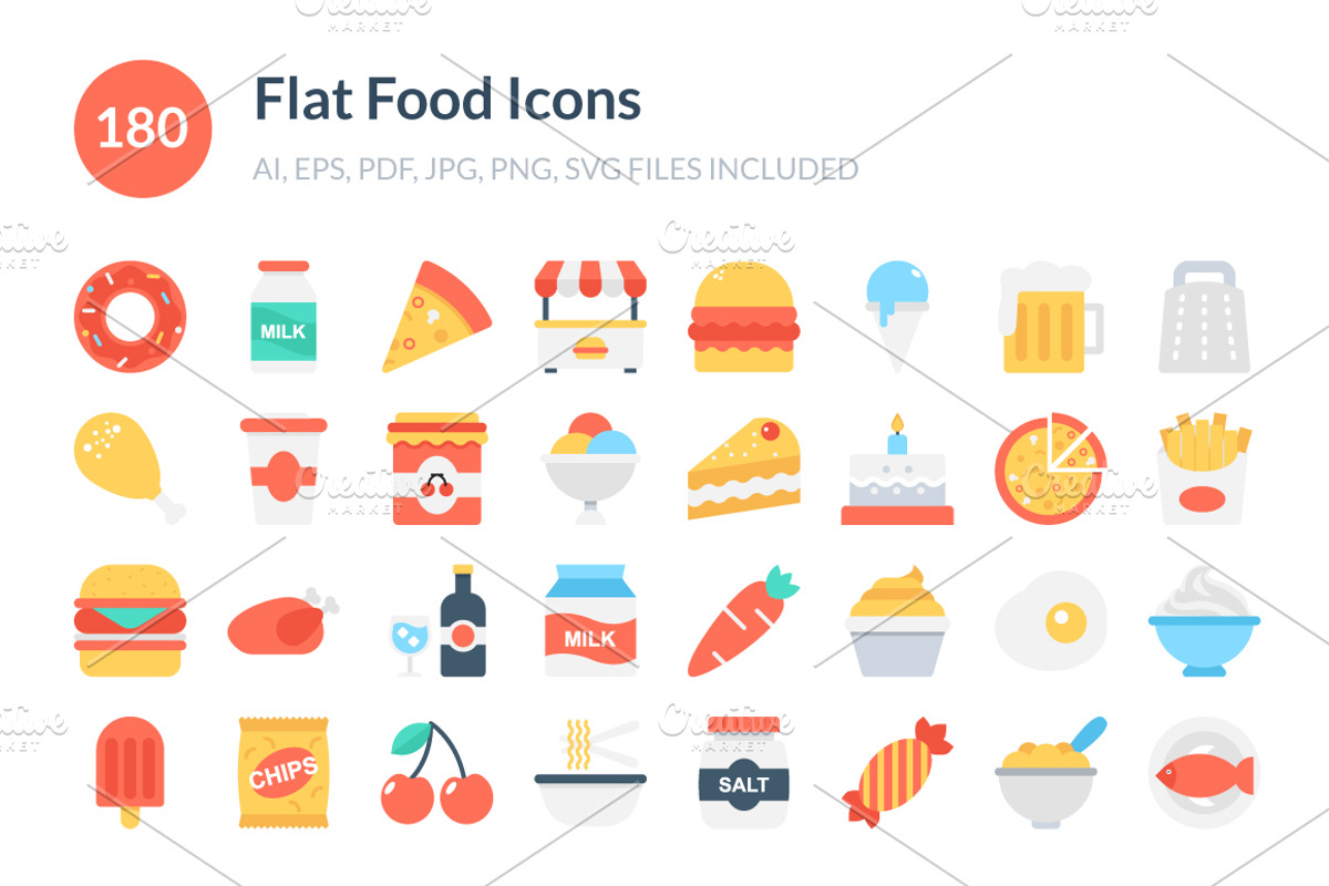180 Flat Food Icons, an Icon by Vectors Market