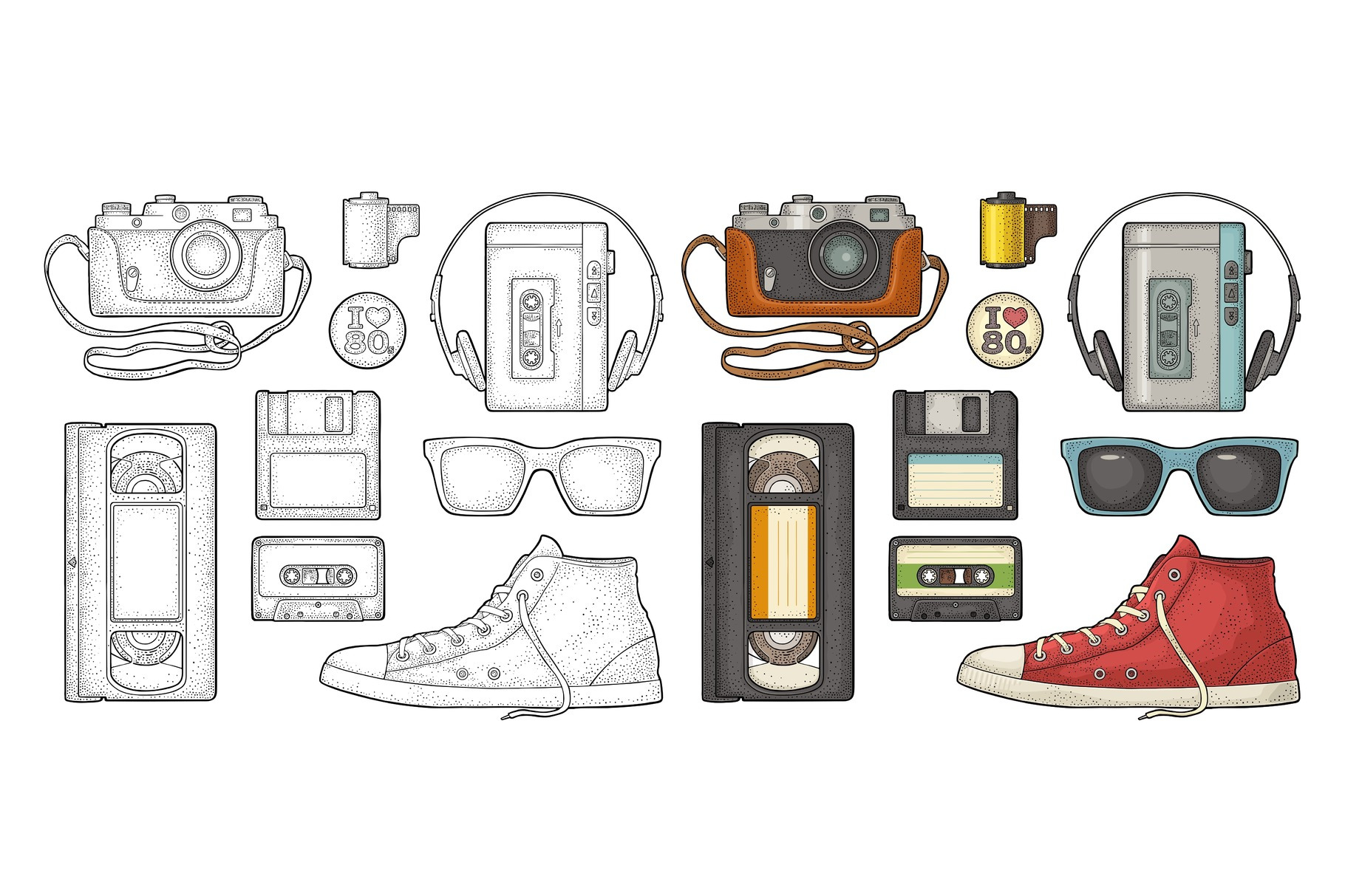 Set retro technology object. Vintage color black engraving illustration ...