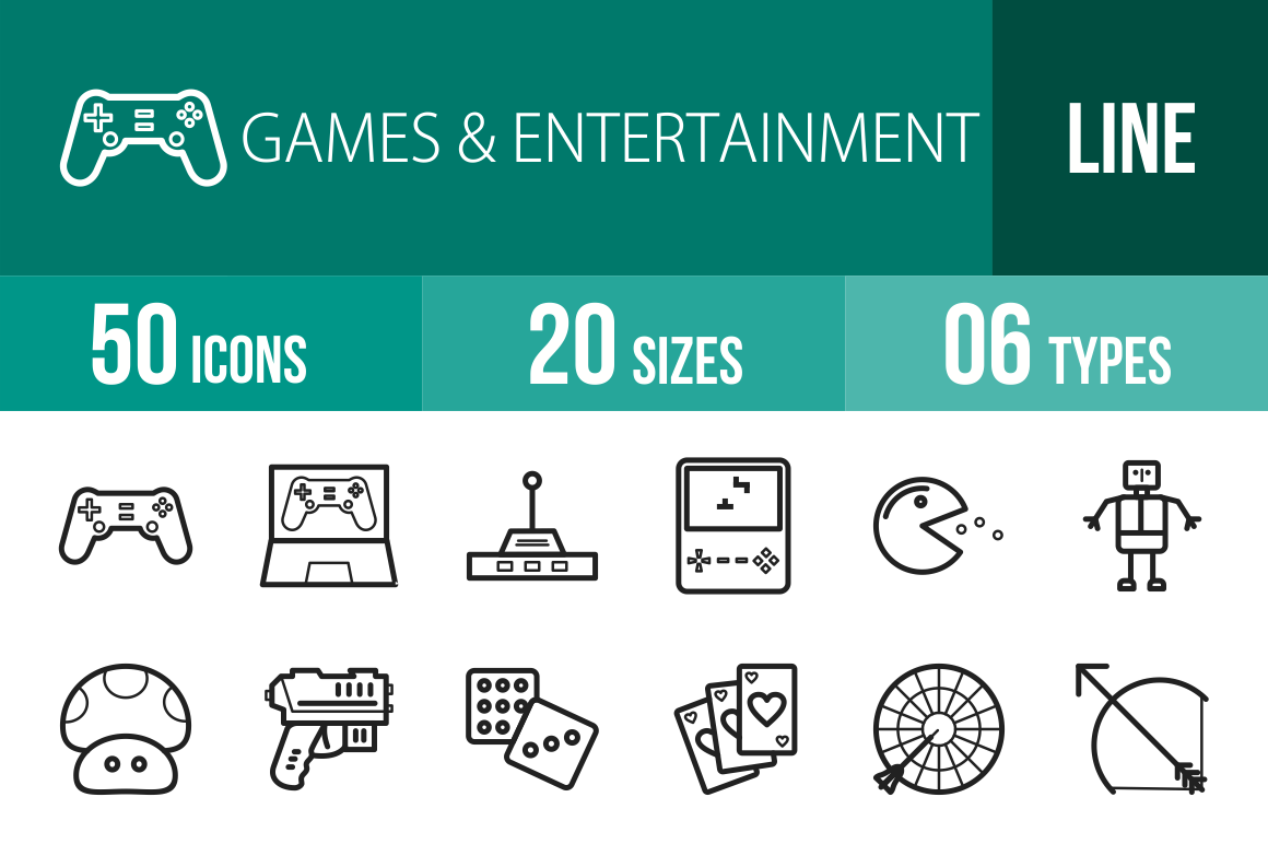 50 Games & Entertainment Line Icons, an Outline Icon by IconBunny