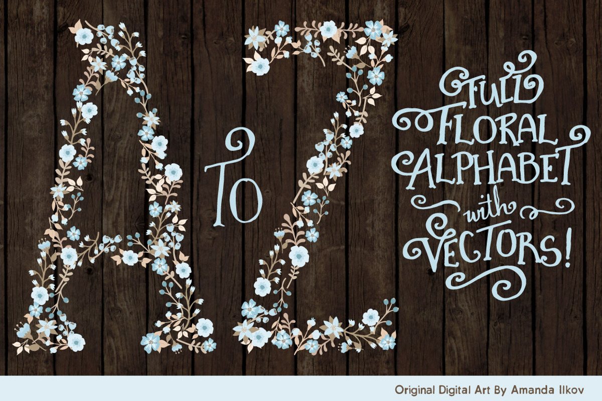Soft Blue Floral Alphabet Clipart, an Illustration by Amanda Ilkov