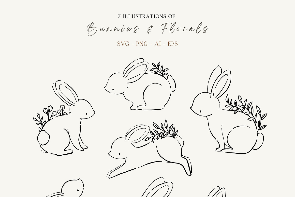 Easter Line Art Bunny & Floral Set, a Seasonal Illustration by Jenteva Art