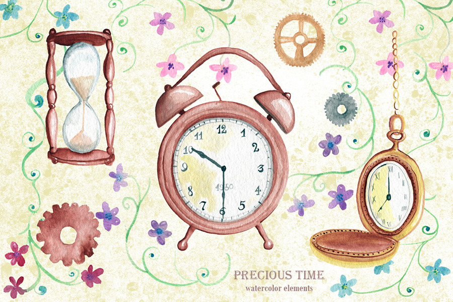 Watercolor time elements. Vintage, an Illustration by WoodLFoxy