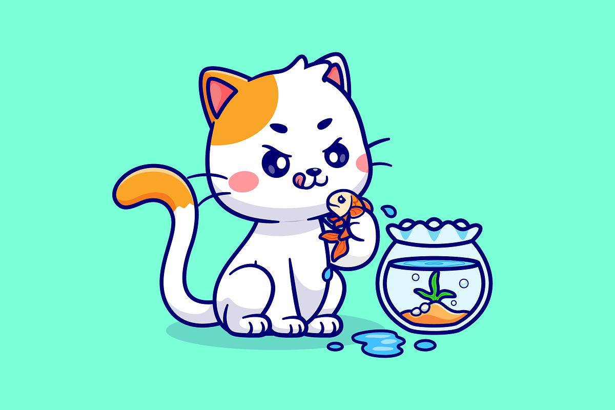 Cute Cat Catch Fish In Aquarium, an Animal Illustration by Catalyst Labs