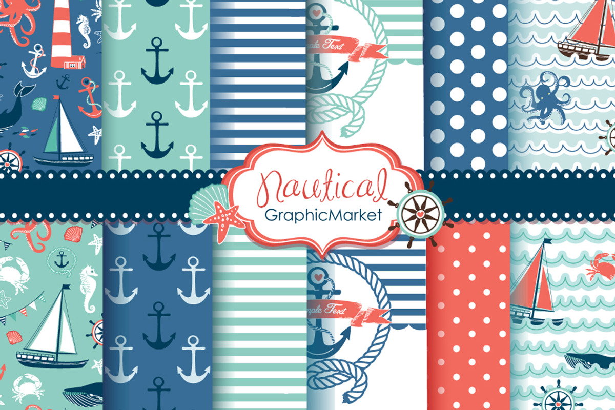 10 Nautical digital papers + 2 cards, a Pattern Graphic by GraphicMarket