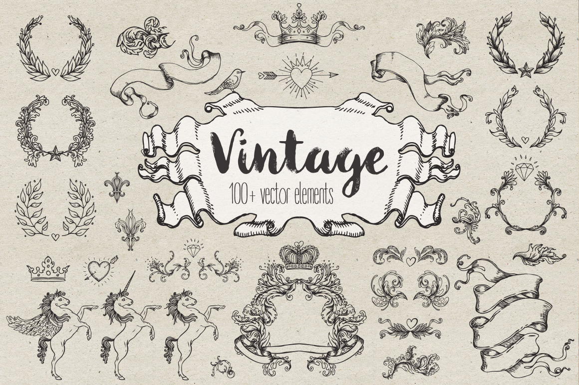 100+ Vintage Design Elements Set | Graphic Objects ~ Creative Market