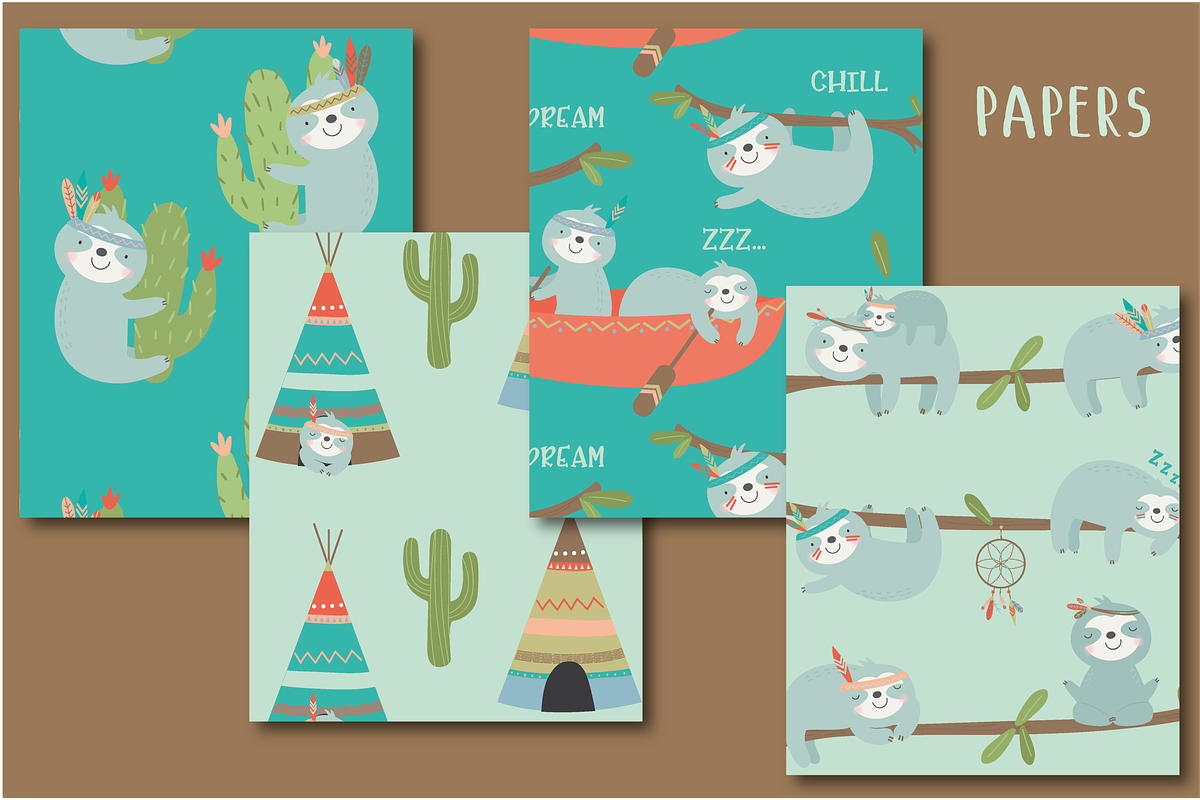 Sloth Tribe papers, a Pattern Graphic by Poppymoondesign
