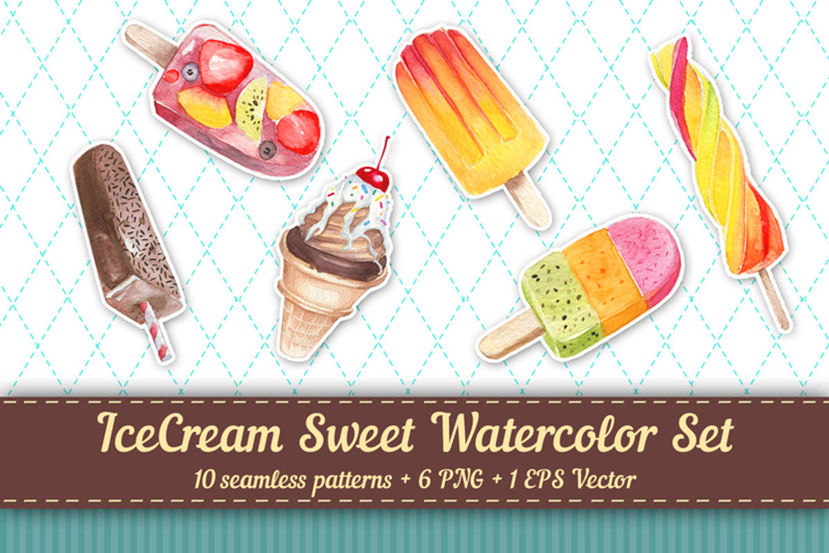 ICE CREAM WATERCOLOR SET, a Food Illustration by Sketch Seven Shop