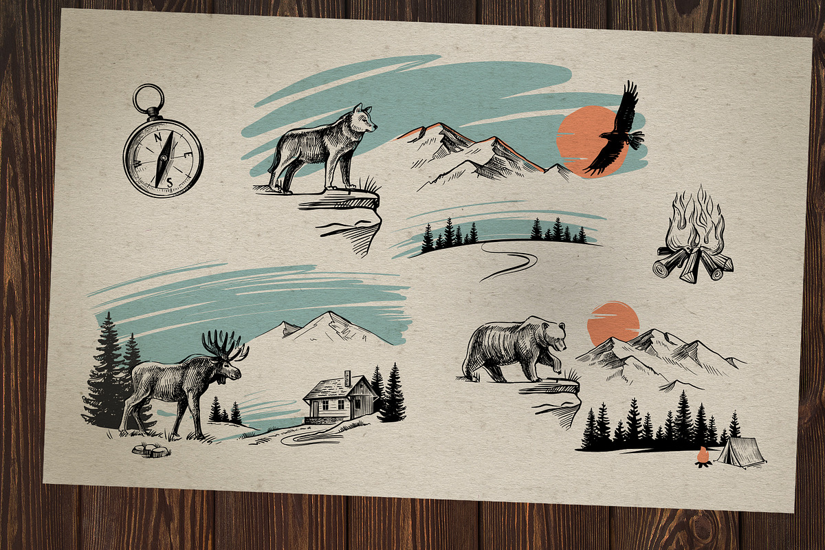 Adventure sketch vector set., an Animal Illustration by bioraven