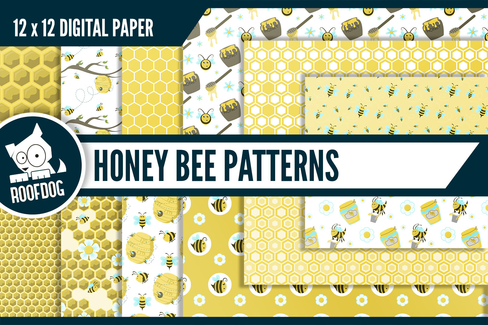 Honey bee digital paper, a Pattern Graphic by Roofdog Design