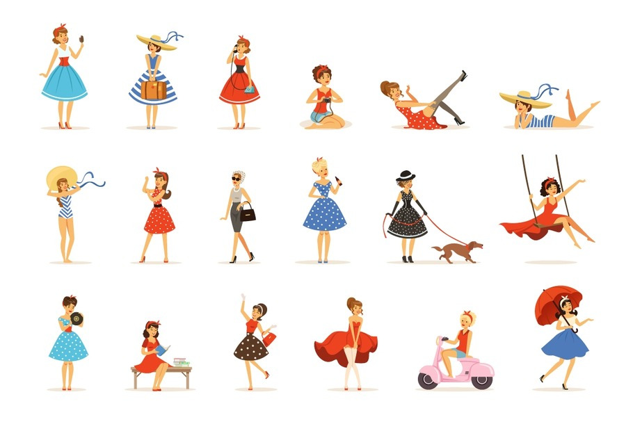 Beautiful retro girls characters set, young women wearing dresses in ...