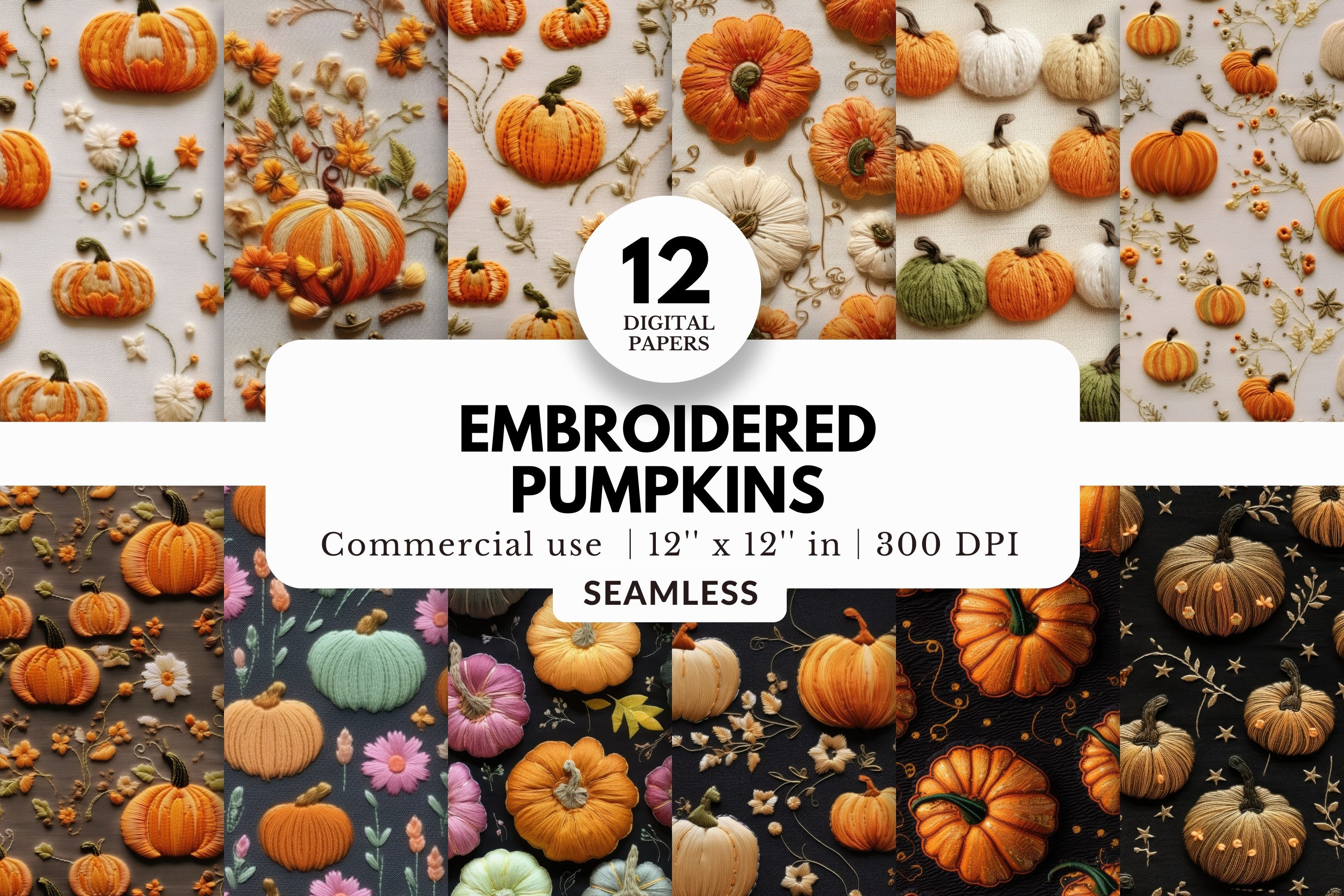 12 Embroidered Pumpkins Textures, a Pattern Graphic by NorthWindPixels