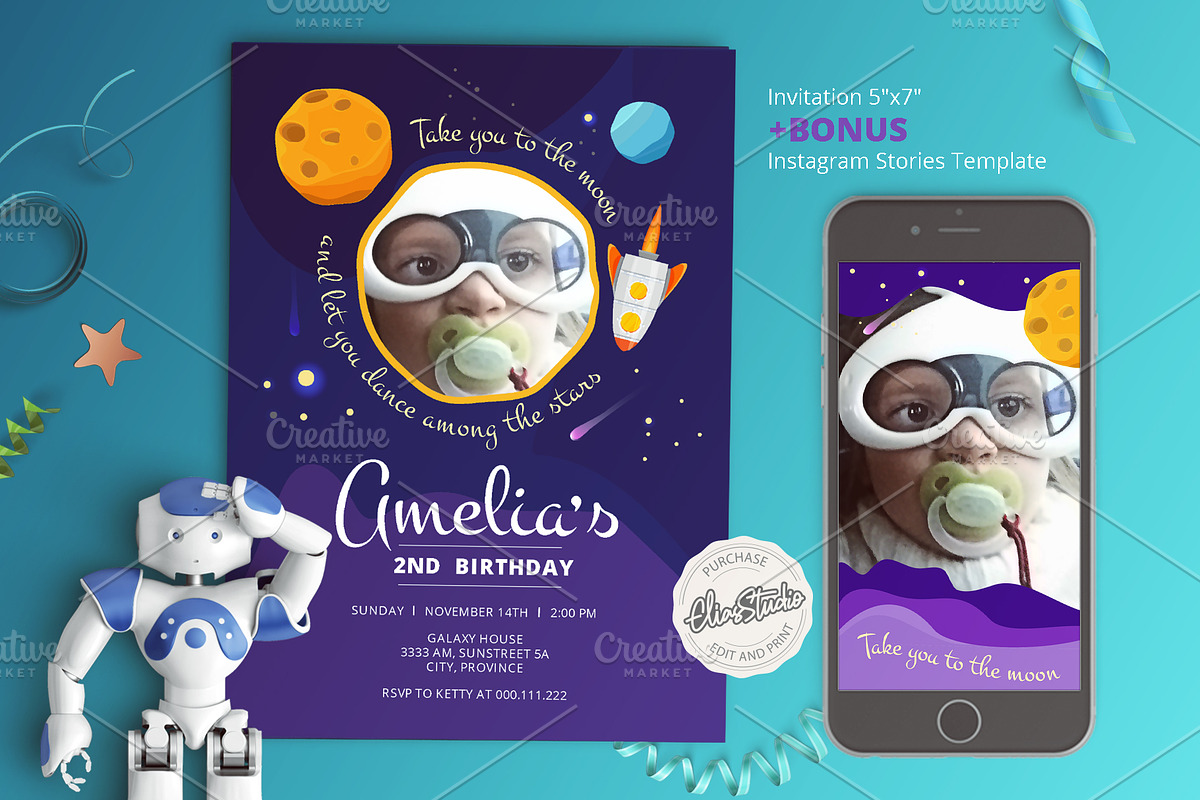 Space Birthday Invitation, an Invitation Template by El-Studio