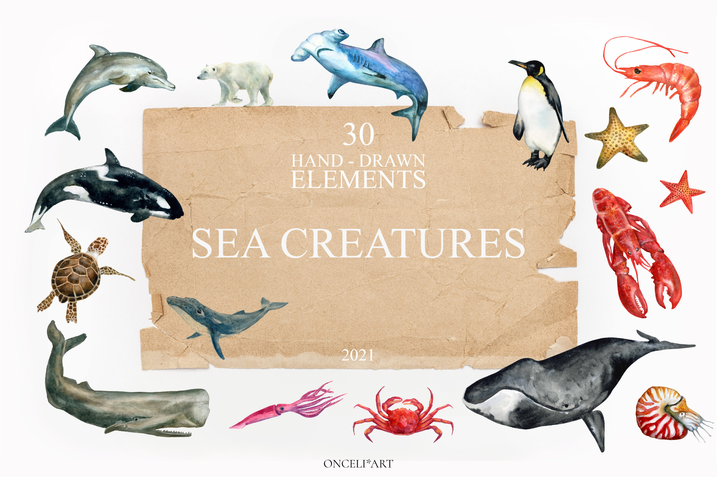 Watercolor sea creatures, an Illustration by Onceli*art